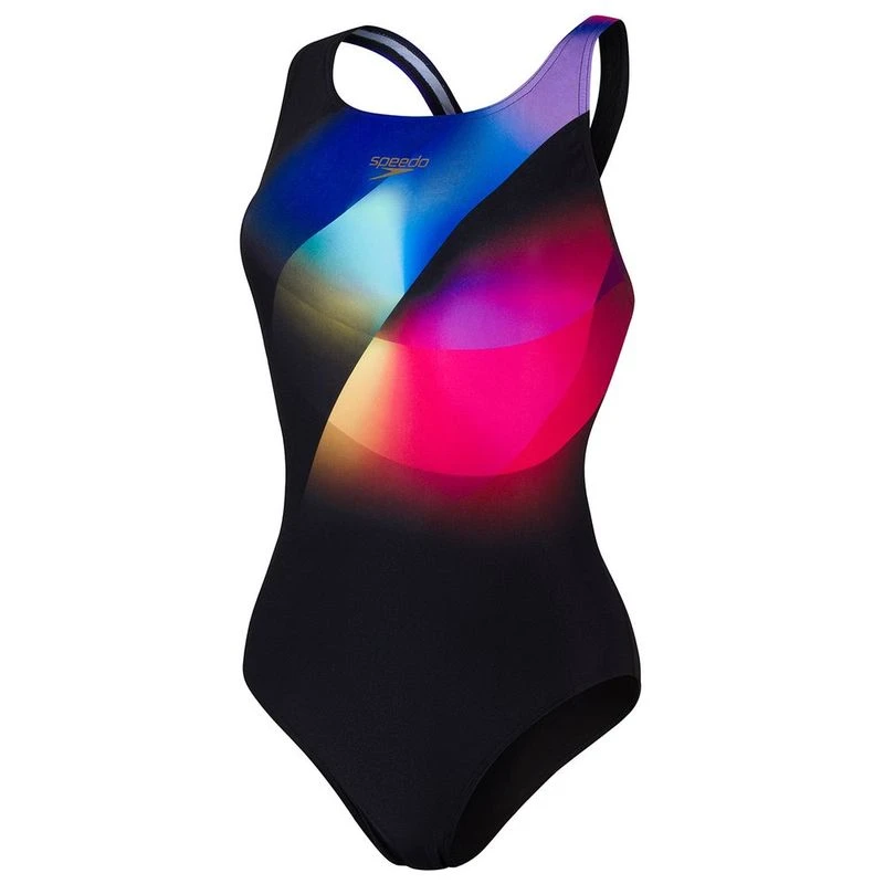 Speedo Womens Placement Digital Powerback Swimsuit Black Purple Sp